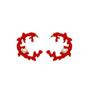 GISSA BICALHO Handmade Acrylic Earrings Hoops Coral & Pearl - Red