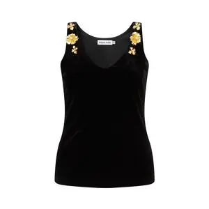 SOUR FIGS Velvet Floral Embellished V-neck Tank Top