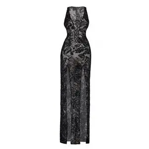 MODA GLAM Vixen Lace-up Sheer Sequin Gown - Black