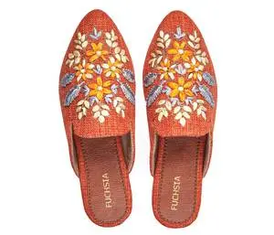 FUCHSIA SHOES Handmade Embroidered Canvas Mules - Orange