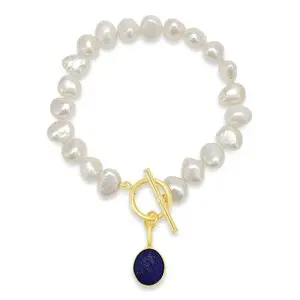 PEARLS OF THE ORIENT ONLINE Blue / White Clara White Irregular Cultured Freshwater Pearls Bracelet With A Lapis Lazuli Drop Pendant - Blue/white