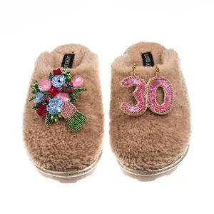 LAINES LONDON Laines London Teddy Slippers With 30th Birthday And Floral Brooches Brown