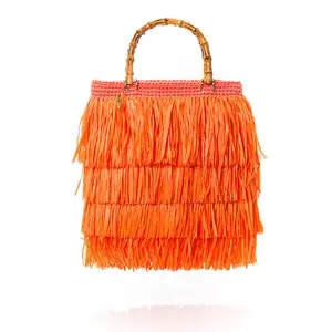 SPEIRA Tote Bag Raffia Fringes With Bamboo Handles - Orange