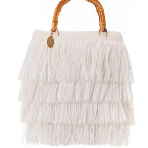 SPEIRA Tote Bag Raffia Fringes With Bamboo Handles - White