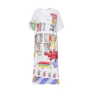 DHARA SHETH, DUBAI Abode Artistic Bookshelf Long Cotton Kaftan Dress Multicolor Library Print - White