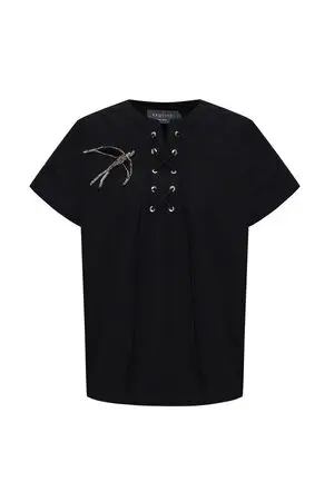EXQUISE Celeste Blouse Embellished Lace-up Cotton Blouse - Black