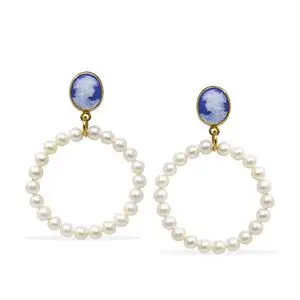 VINTOUCH ITALY Blue / Gold A Perfect Circle Blue Cameo And Pearl Earrings - Blue/gold