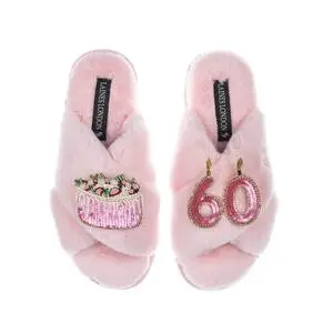 LAINES LONDON Faux Fur Slippers With "60th Birthday" And "cake" Brooch Embellishments - Pink