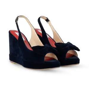 ROSAMUND MUIR LONDON Navy Velvet Bow Detail Wedge Slingbacks - Blue