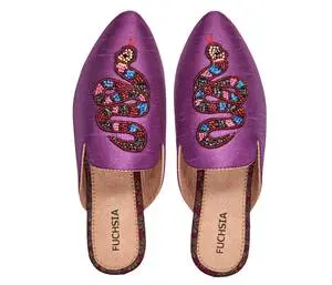 FUCHSIA SHOES Serpent Handmade Crystal Embroidered Luxury Raw Silk Mules By - Purple