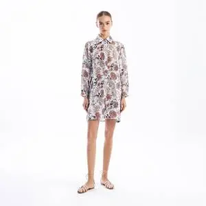 Haris Cotton Longline Printed Linen Blend Shirt With Long Sleeves Garden - White