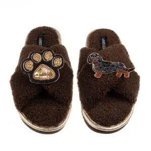 LAINES LONDON Neutrals Boucle Slippers With Paw & Dapple Dachshund Brooches Chocolate - Brown