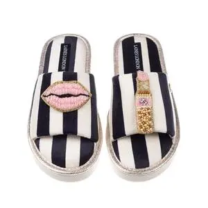 LAINES LONDON Flatform Stripe Open Toe Slippers With Brooches - Black/white
