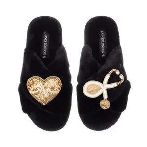 LAINES LONDON Classic Laines Slippers With Doctor Brooches - Black