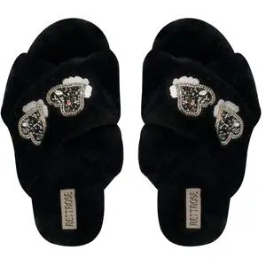 RETTROSE Katie Luxury Plush Diamanté Heart Embellished Handmade Slipper - Black