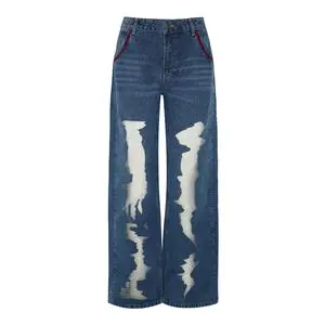 LIMAR Distressed Wide Leg Sheer Panel Embroidered Denim Jeans