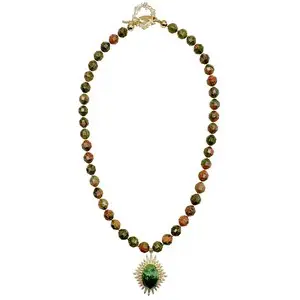FARRA Brown / Green Unakite Gemstone With Epidote Pendant Necklace - Brown/green