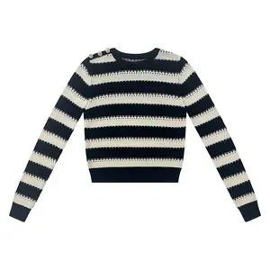 ROCH PEREL Neutrals / Scalloped Crochet Knit Contrast Sweater - Black