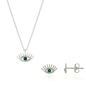 SPERO LONDON Emerald Eye Evil Eye Sterling Necklace & Stud Earring Set - Silver