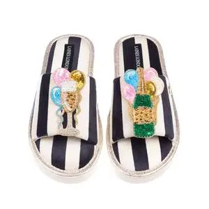 LAINES LONDON Flatform Stripe Slippers With Birthday Bubbles Brooches - Black/white