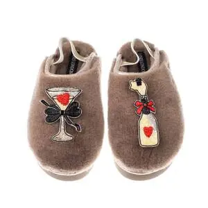 LAINES LONDON Brown / Gold / Neutrals Flatform Cloud Slippers With Popping Champagne Brooches Mink - Brown/gold