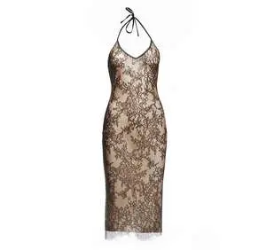 MAISON SEL Lace Spaghetti Strap Bodycon Dress With An Inlining - Black