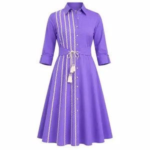 IZABELA MANDOIU Premium Lavender Cotton Shirt Dress With Contrast Ric Rac Detailing & Tassel Waist Tie - Purple