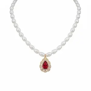 ANGEL BAROCCO Freshwater Pearl Necklace With Teardrop Gemstone - Red