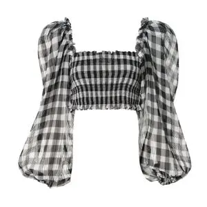 AGGI BY HALEWSKI Car Vichy Puffed Sleeved Crop Top - Black