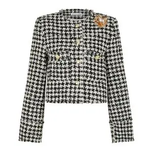 SOUR FIGS Black / White Brooch-detail Bouclé Tweed Jacket In Black & White Houndstooth - Black/white