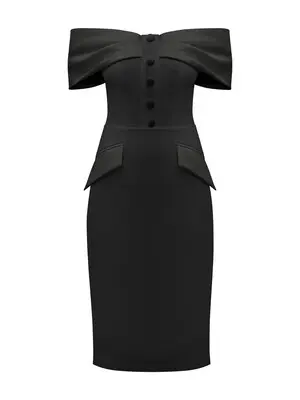 TIA DORRAINE Steel Confidence Off-shoulder Fitted Midi Dress - Black