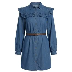 MODENAIRE Ruffled Collar Denim Shirt Dress - Blue