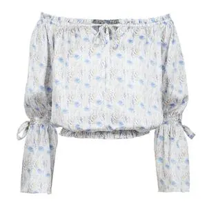 MODALLICA Ivy Off The Shoulder Organic Peace Silk White Blouse With Blue Flowers - White/blue