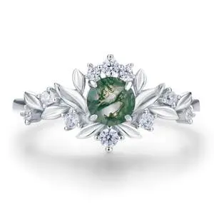 AZURA JEWELRY NEW YORK Blossoms At Sunrise Moss Agate Ring White Gold Vermeil - Silver