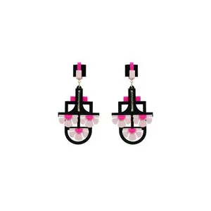 GISSA BICALHO Handmade Acrylic Earring Pendant Three Flowers / Pink - Black