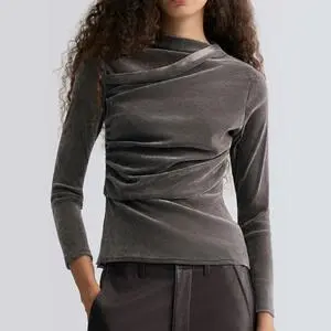 FRONT ROW SHOP Asymmetrical Draped Velvet Mesh Top - Grey
