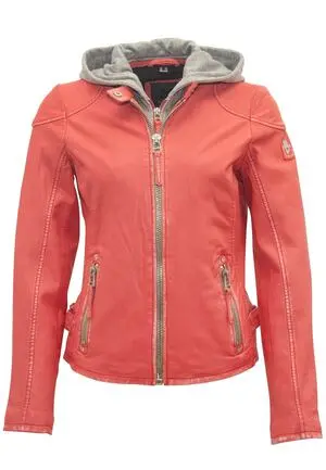 Mauritius Leather Moto Jacket Removable Hood Finja Coral - Orange