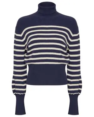 GUINEA Navy & Cream Lurex Stripe Cashmere Roll Neck Jumper - Blue