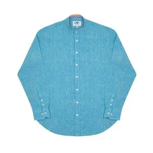 KOY CLOTHING Turquoise Linen Shirt Grandfather Collar - Blue