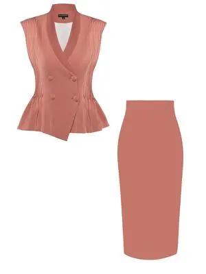 TIA DORRAINE Double-breasted Waistcoat & Skirt Set Dusty Rose - Pink