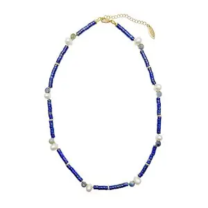 FARRA Lapis With Teardrop Pearls Dainty Necklace - Blue