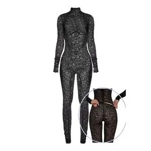 MONOSUIT Premium Italian Textile Floral Lace Long Sleeve Turtleneck Full Bodysuit - Black