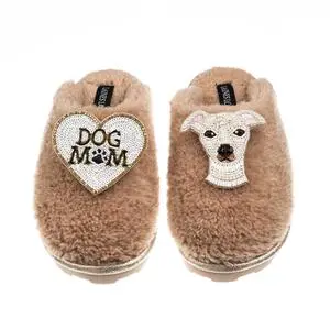 LAINES LONDON Teddy Towelling Closed Toe Slippers With Dog Brooches - Brown