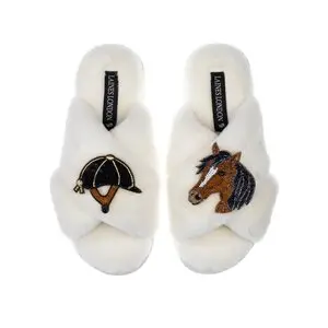 LAINES LONDON Classic Cream Faux Fur Slippers With Riding Hat And Horse Brooches - White