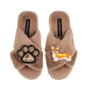 LAINES LONDON Classic Slippers With Embellished Paw And Corgi Brooches - Brown