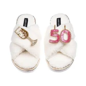 LAINES LONDON Embellished Boucle Slippers - White