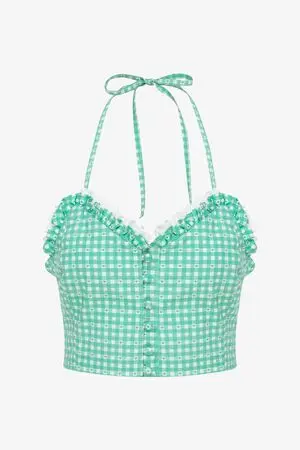 JE TE VEUX Sweetheart Gingham Bustier With Lace Trim - Green