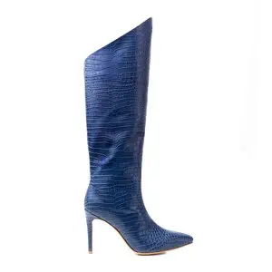 GINISSIMA Clara Jeans Embossed Leather Boots, Under Knee - Blue