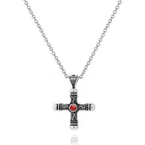 UNALOE Unaloe Sterling Silver Sakros Cross Necklace With Natural Coral Silver/red
