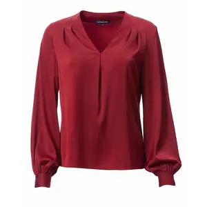 CARLOSLINES V-neck Pleat Detail Balloon Long Sleeve Blouse - Red